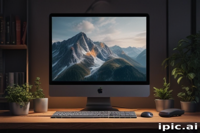 Modern Workspace Featuring a Computer Displaying Majestic Mountain ...