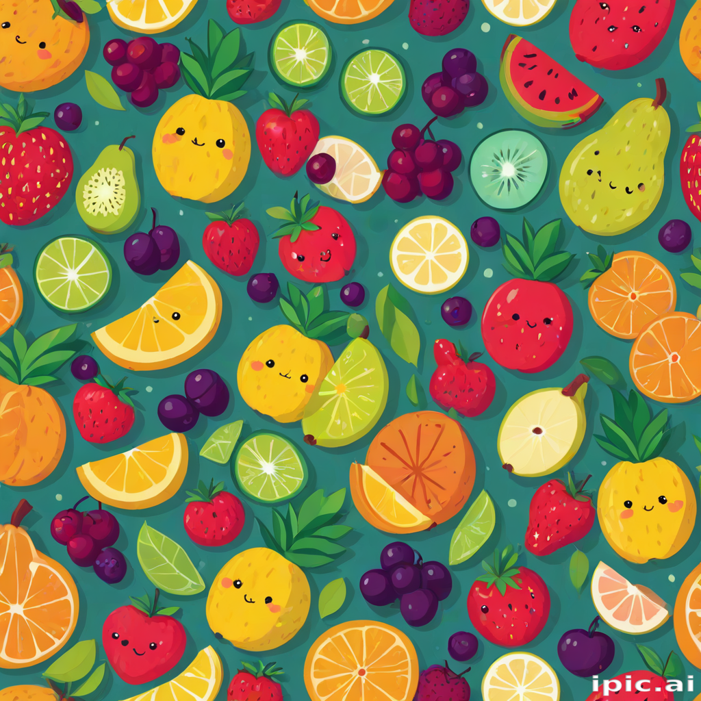 A Colorful and Whimsical Pattern Featuring Happy Fruits and Fresh Produce.