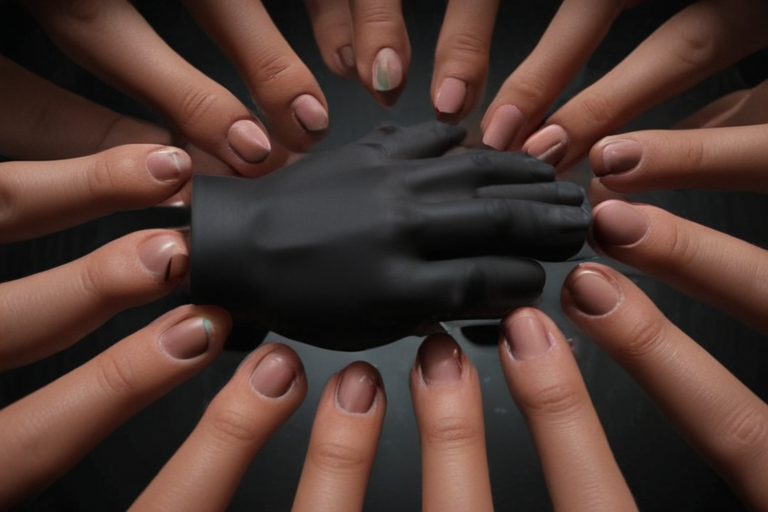 Artistic Display of Diverse Hands Surrounding a Central Black Hand Model