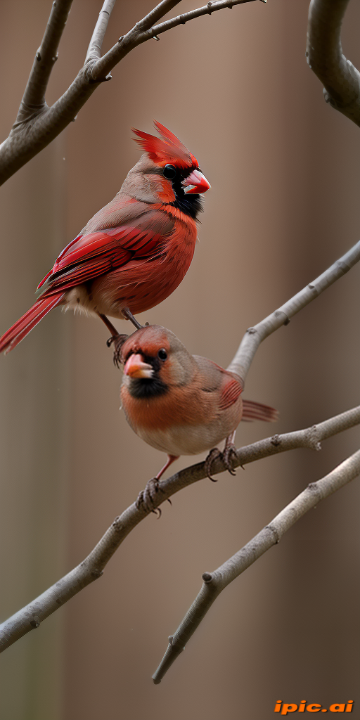 Two Colorful Cardinals Perched Together on a Branch in Nature