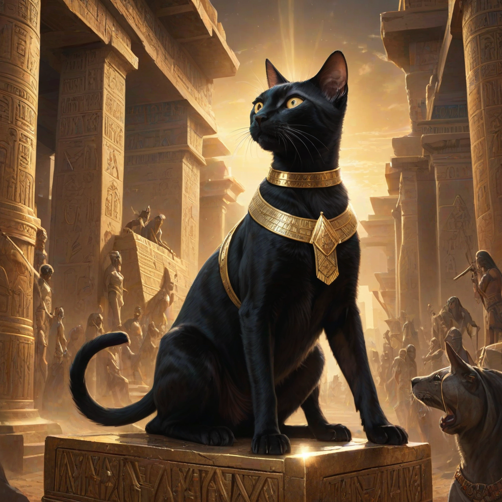 Majestic Black Cat Adorned with Gold in Ancient Egyptian Temple Setting