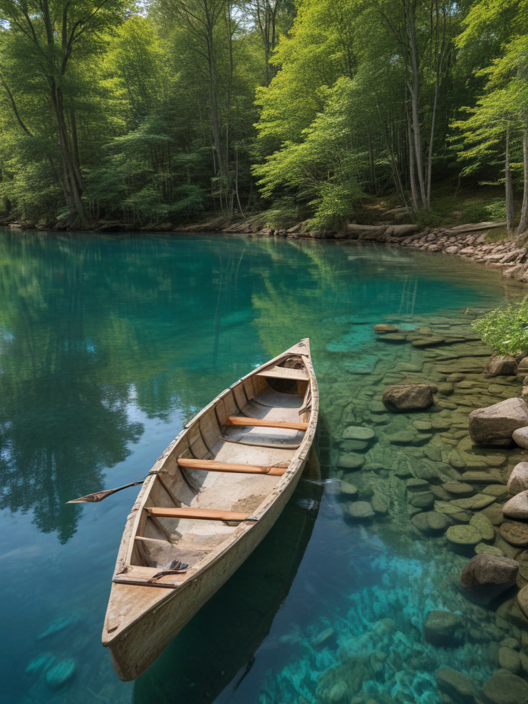STONE CANOE WITH STONE PADDLES ON BLUE WATERS WITH TREES