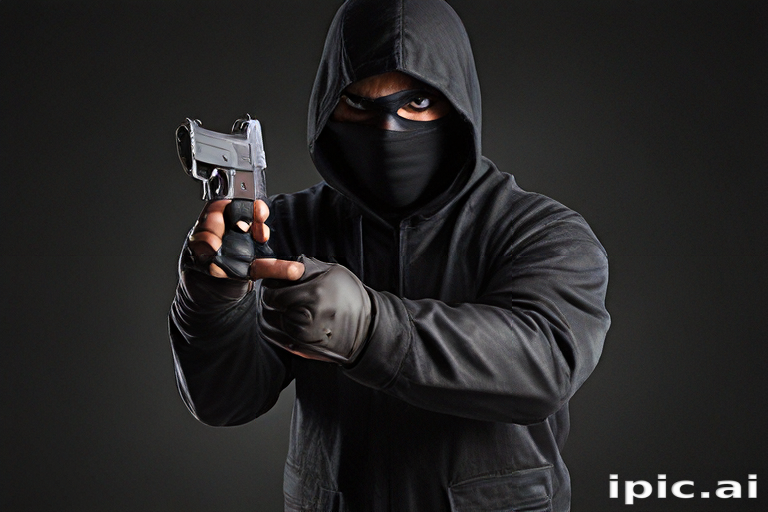 Masked Figure in Dark Hoodie Holding a Gun, Preparing for Action
