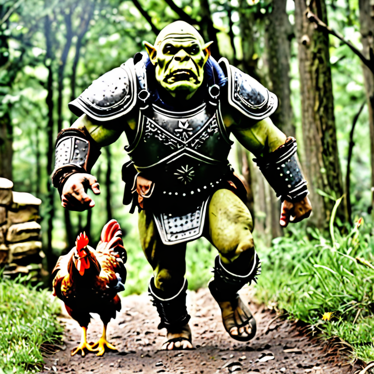 a orc running from a human in armour while carrying with a chicken