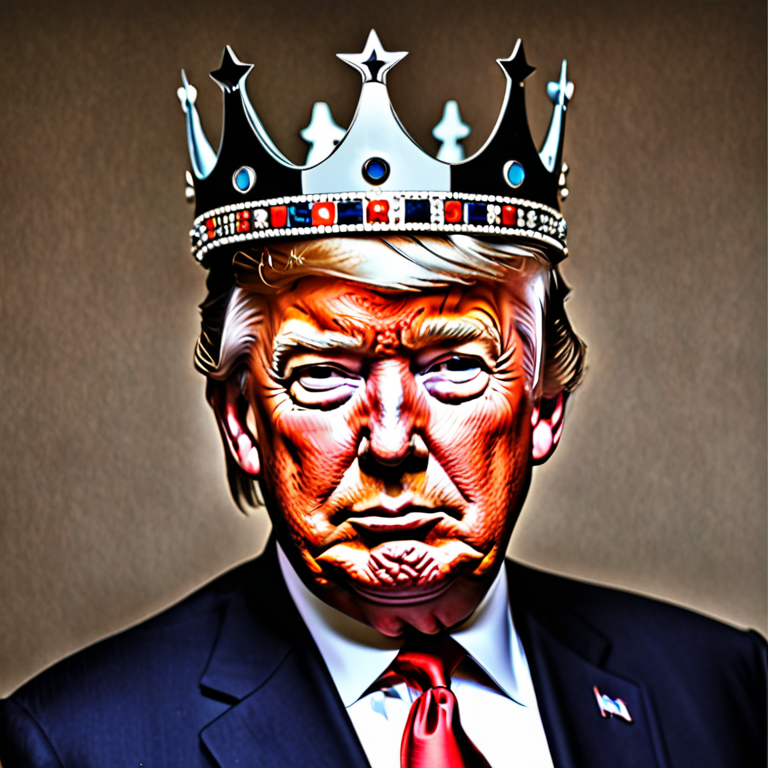 trump whit a crown and American flag cape