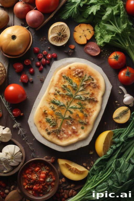 Freshly Baked Flatbread Surrounded by Colorful Vegetables and Herbs