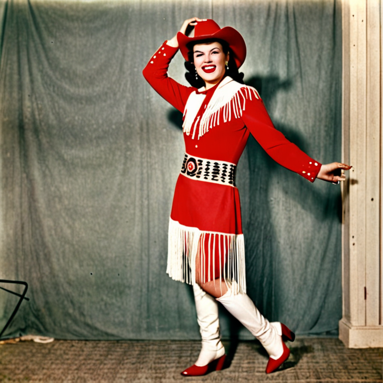 Patsy Cline in red cowgirl outfit with white fringe full body in color
