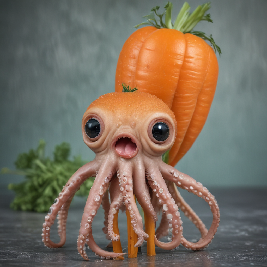 Octopus crying in front of a carrot