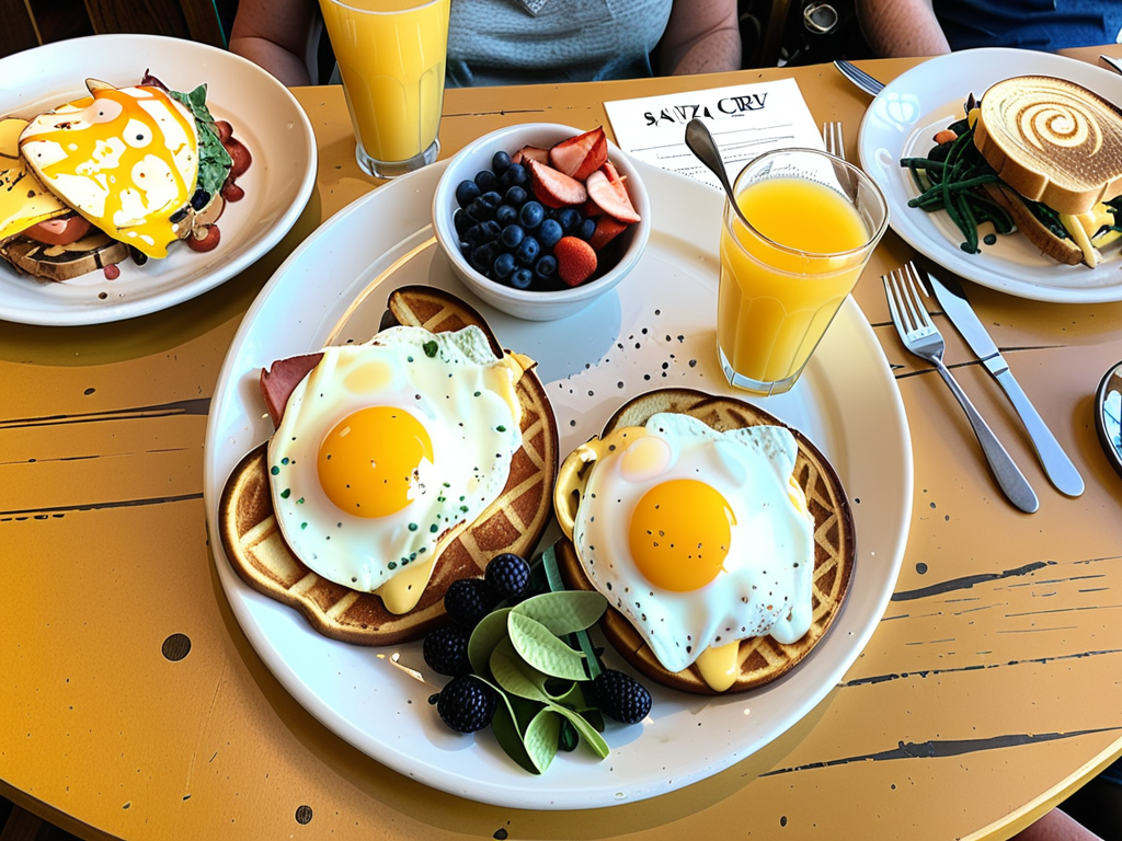 Delicious Breakfast Spread Featuring Eggs, Waffles, Fresh Fruit, and Juices