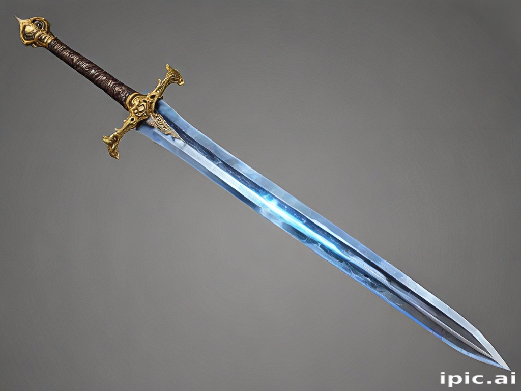 Majestic Sword with Intricate Gold Details and Glowing Blue Blade Design