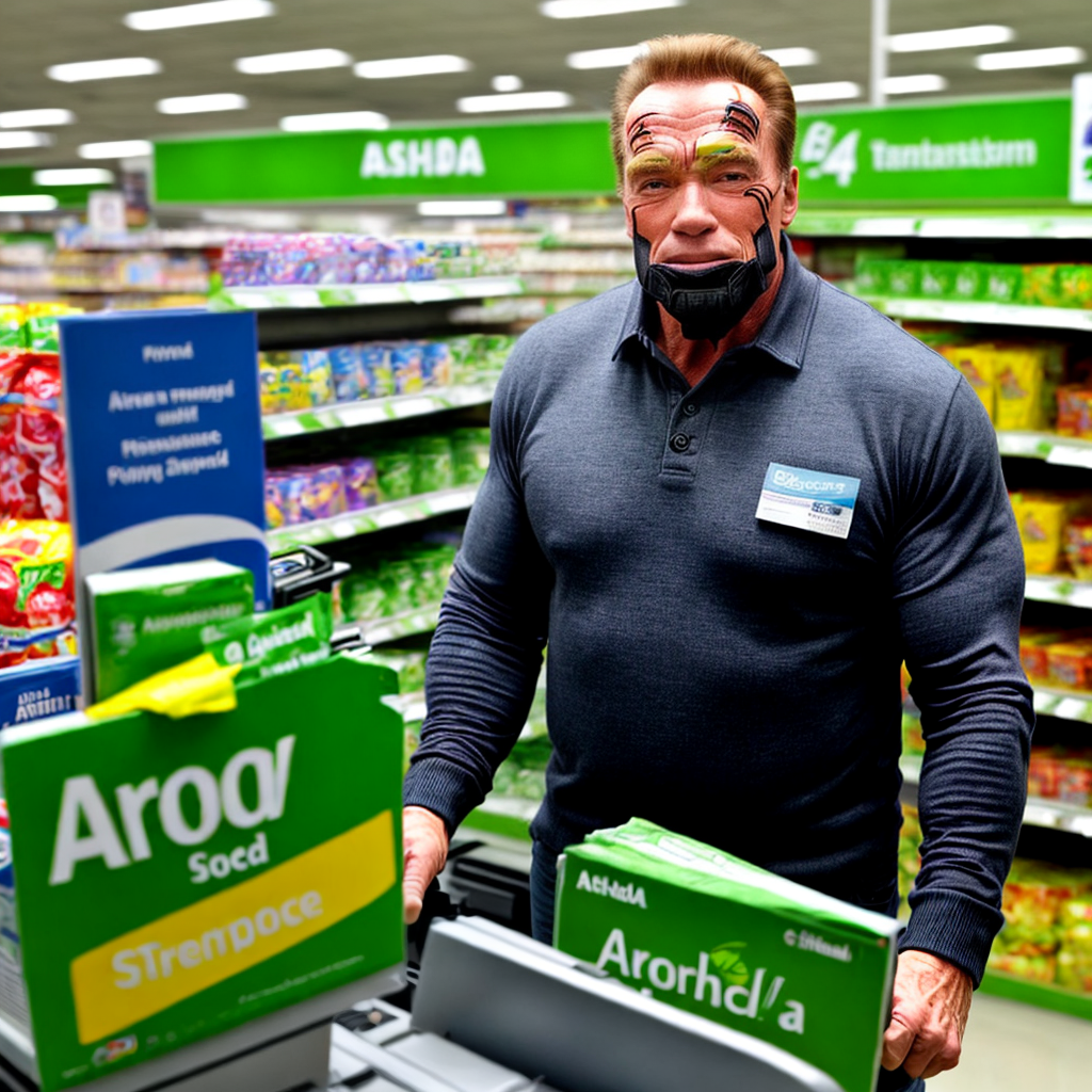 Arnold Schwarzenegger as a cashier at asda