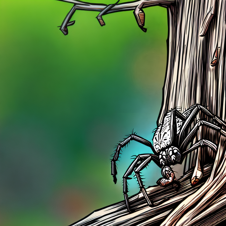 spider crawling up a tree, cartoon style