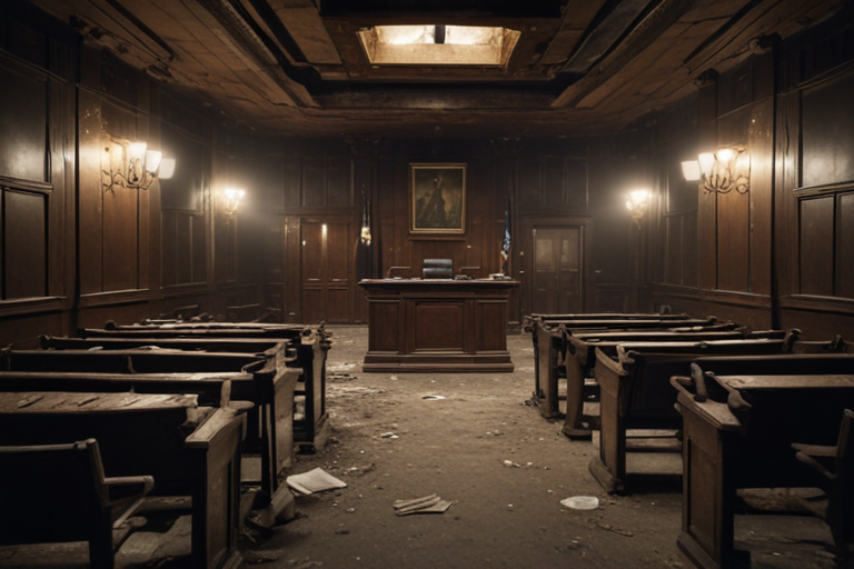 post-apocalyptic destroyed courtroom in the dark