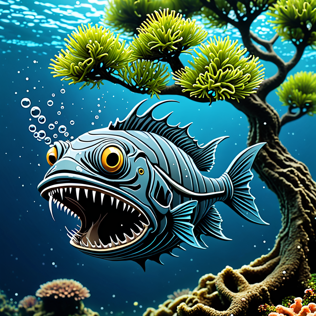 Cartoon angler fish eating a bonsai tree in the depths of the sea