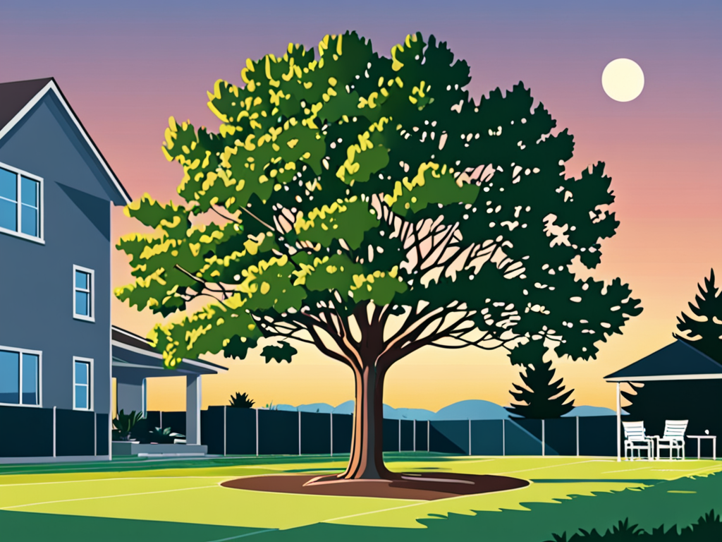 A lone tree in the center of a backyard. evening. Close view. Cartoon ...