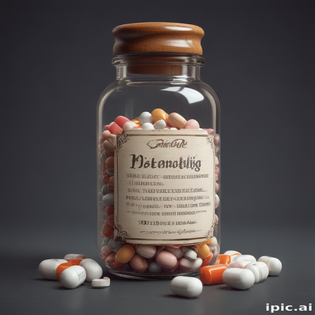 Antique Glass Jar Filled with Colorful Pills and Vintage Label Design