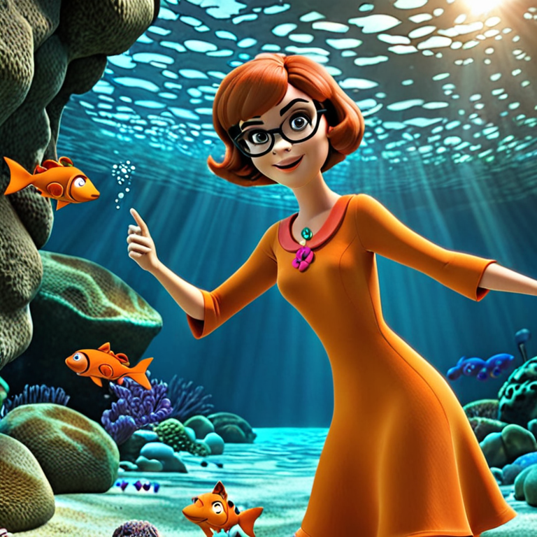 scooby doo cartoon Velma underwater frock swimming scene. 3d animation 4k