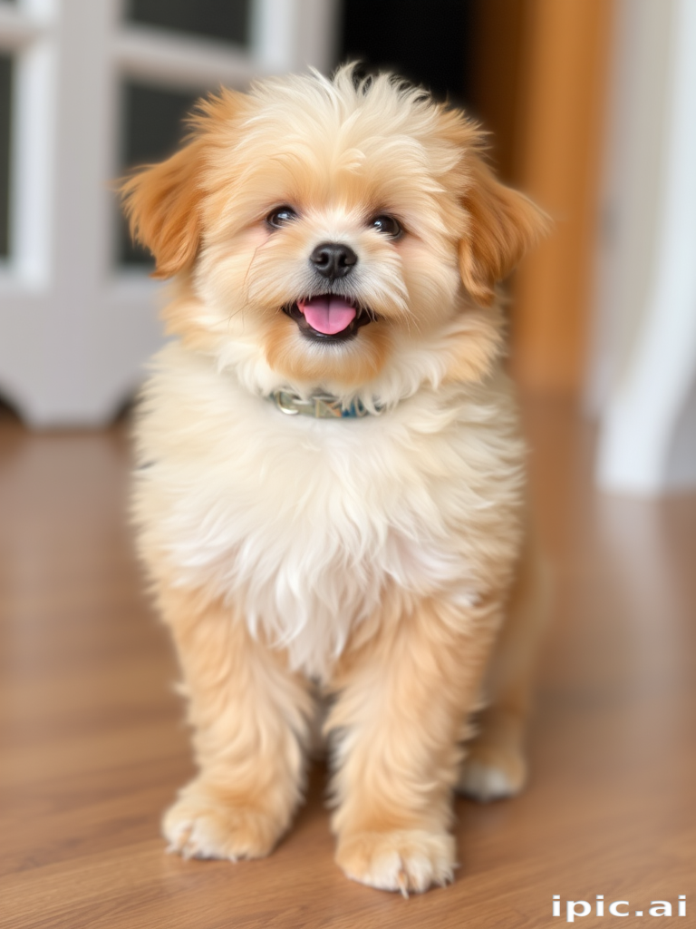 Adorable fluffy dog with a joyful expression sitting indoors, looking ...
