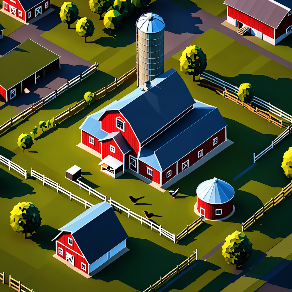farm, birds eye view, barn, house, open area, silo, house, low poly, night