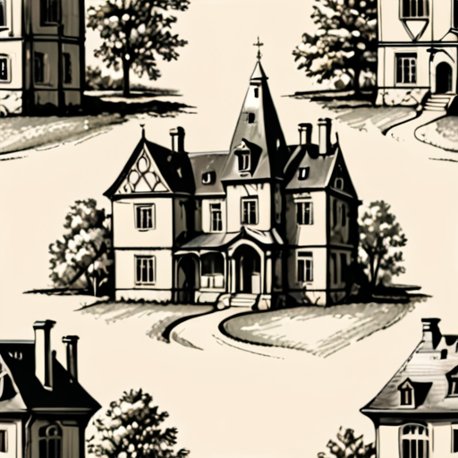 sketch drawing of an ancient manor house with towers