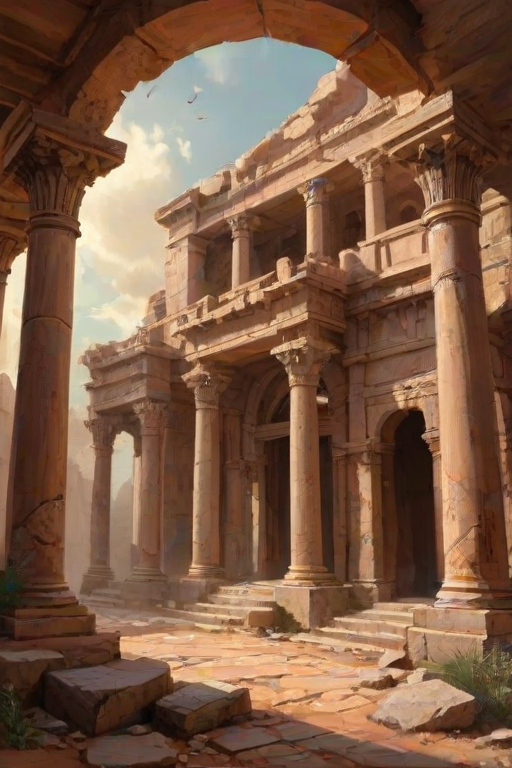 Ancient Ruins of a Grand Temple Surrounded by Mystical Desert Landscape