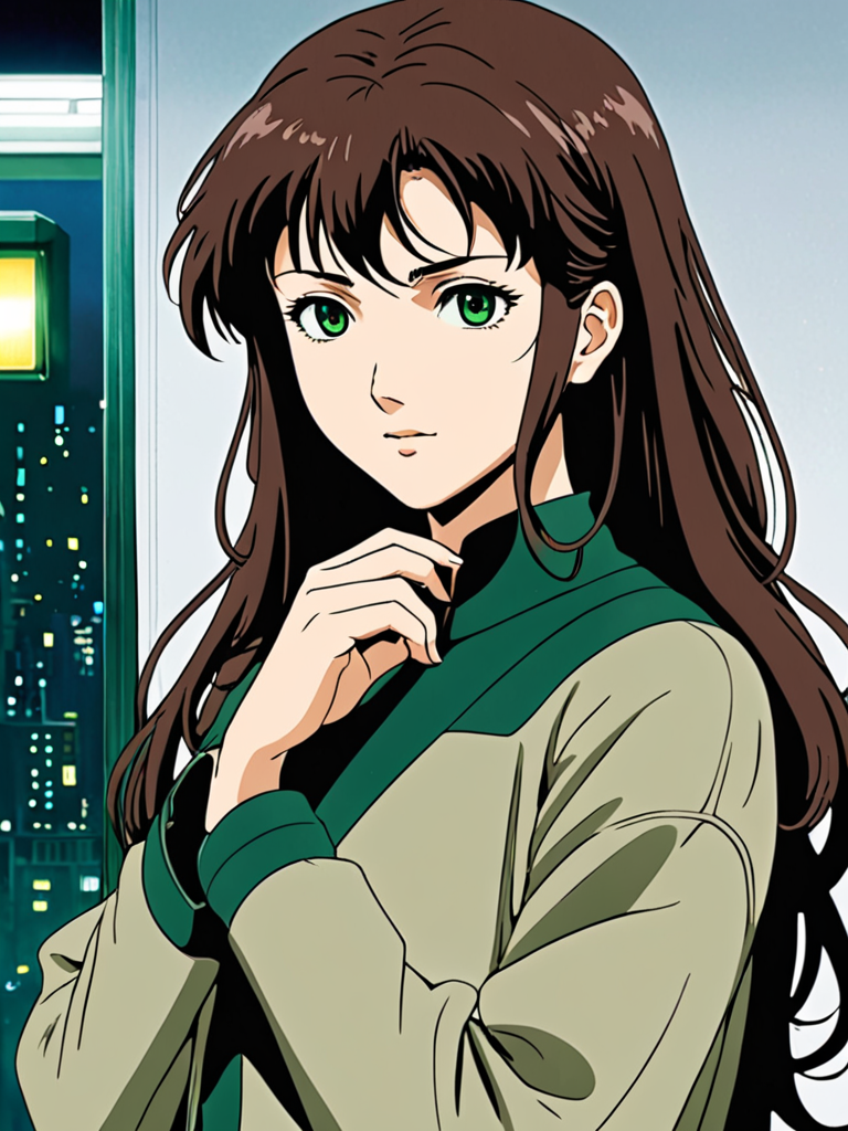 girl, manga, ghibli, cute, anime, long curly brown hair, dark green ...
