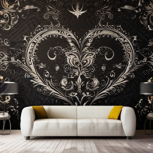 Elegant Living Room Design Featuring a Striking Heart-Themed Wall Mural