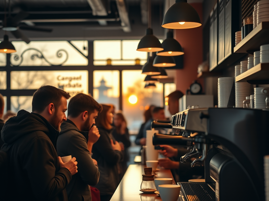 Morning Rush: Coffee Lovers Gather at a Cozy Café During Sunrise
