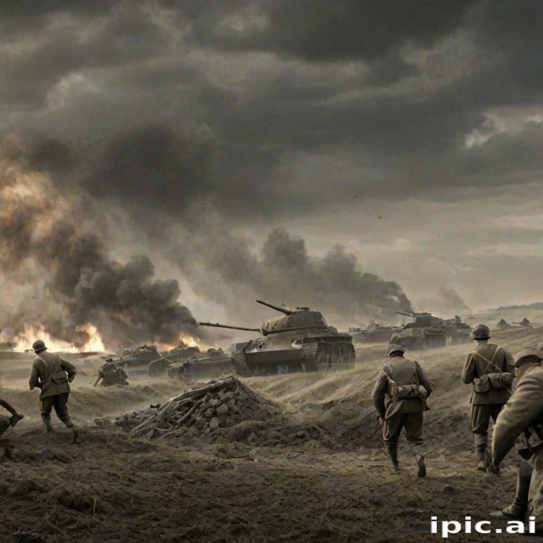 Soldiers Advancing Through Smoke and Fire Amidst a War-Torn Landscape