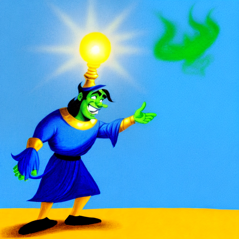 a genie from the lamp pointing his finger up
