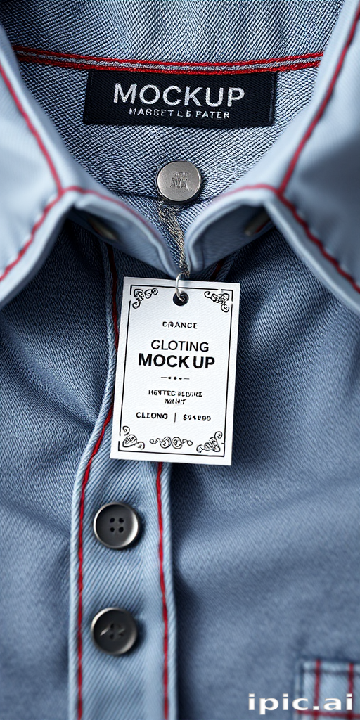 Stylish Denim Shirt Mockup Featuring Tag and Button Details Close-Up