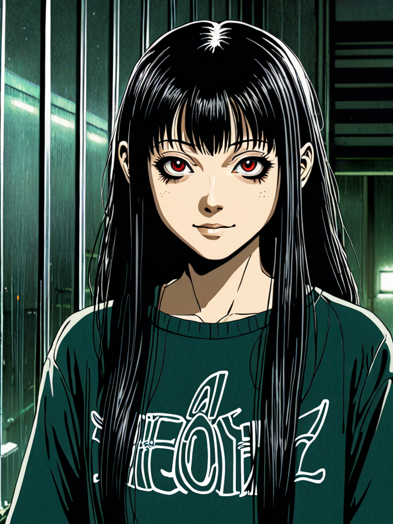 sci-fi, tomie, curtain bangs, cyberpunk, junji ito, lain, smile, dark