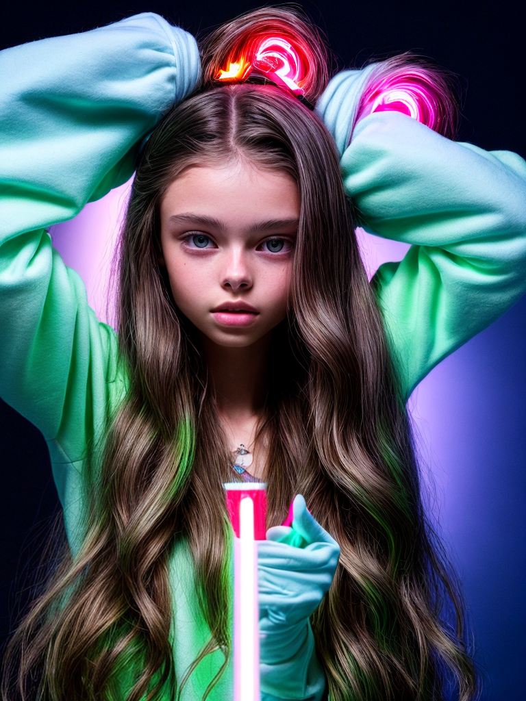 Meika woollard with glowing luminous hair in a dark room taking a selfie