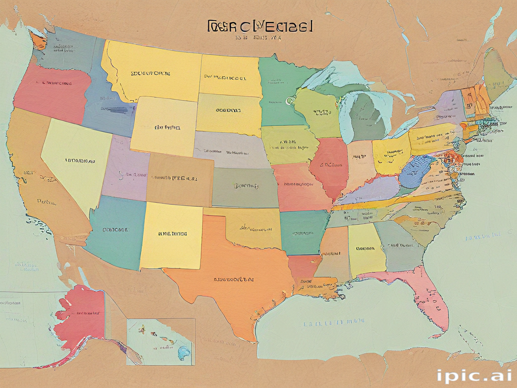 Colorful Illustrated Map of the United States Featuring State Names and ...