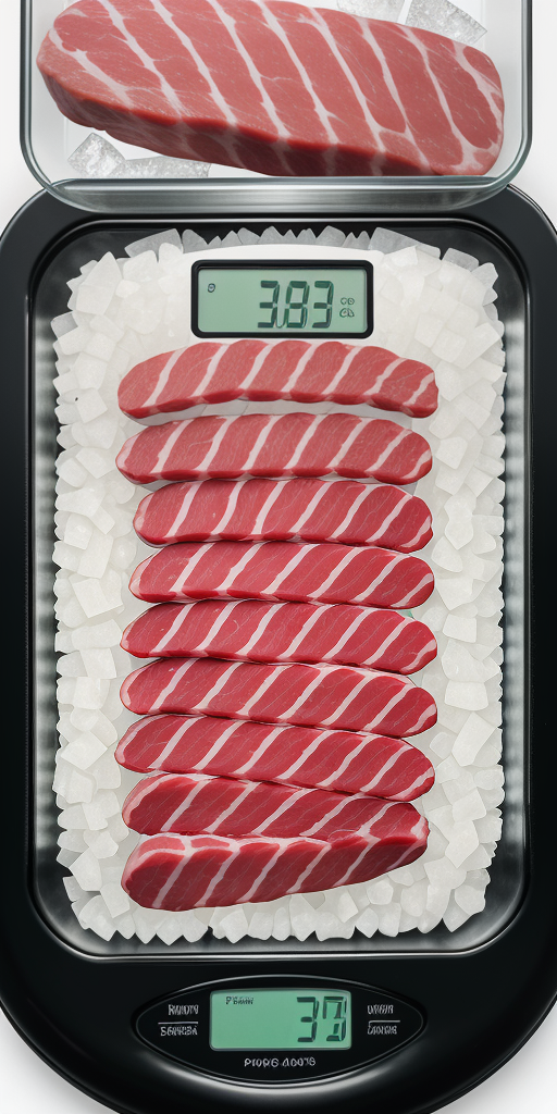 Freshly Sliced Meat Displayed on a Scale with Ice and Crushed Ice
