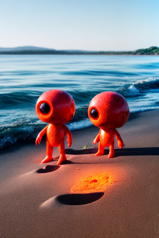 creates an image with two tall, red-eyed aliens standing on the shore ...