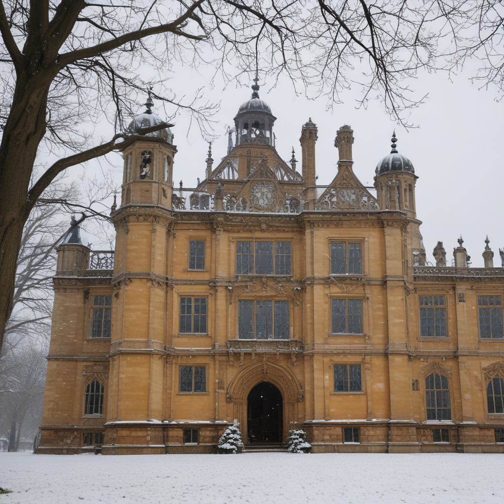 wollaton hall seen up close, winter, snowing