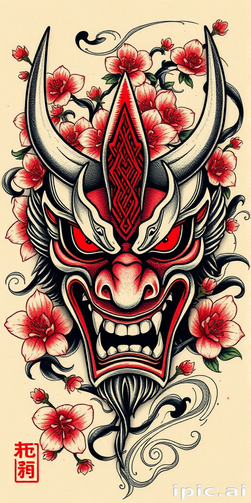 Intricate Tattoo Design Featuring a Fierce Demon Mask Surrounded by ...