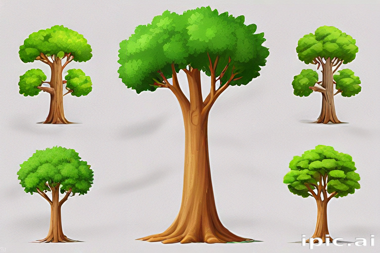 Various Stylized Trees Showcasing Different Shapes and Lush Green Foliage