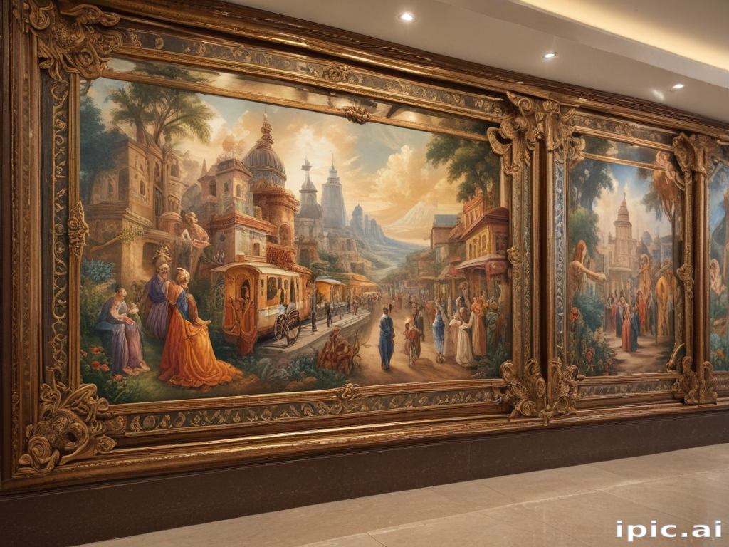 Intricate Mural Depicting a Vibrant Historical Scene in an Elegant Setting