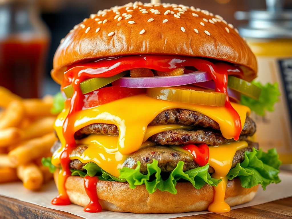 Deliciously Stacked Triple Cheeseburger with Fresh Vegetables and Tasty ...