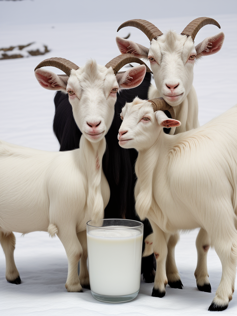 Three Playful Goats Curiously Gather Around a Glass of Fresh Milk