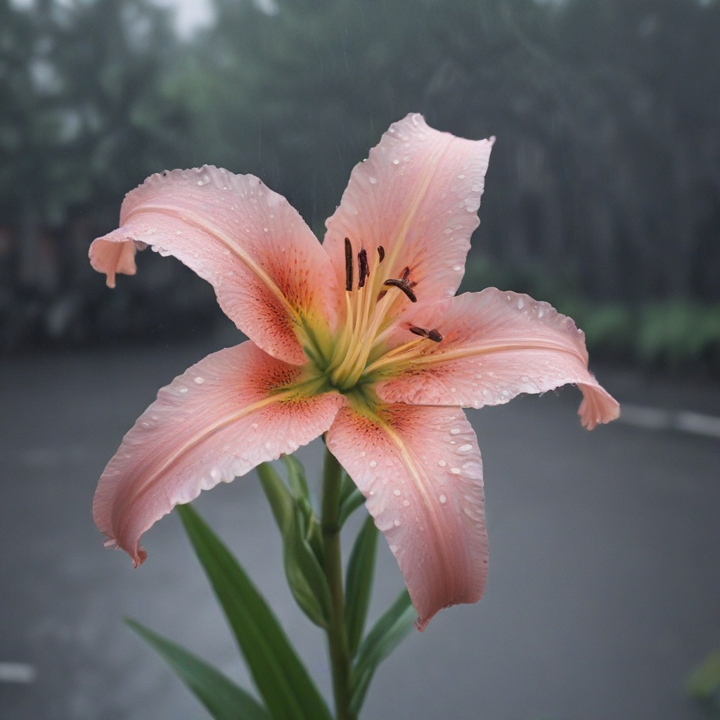 a single lily flower, in the rain, ultra wide shot, photo realistic style