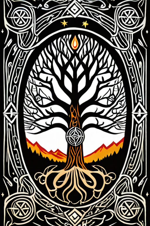 Norse tree of life Yggdrasil with flames coming from the to the all ...