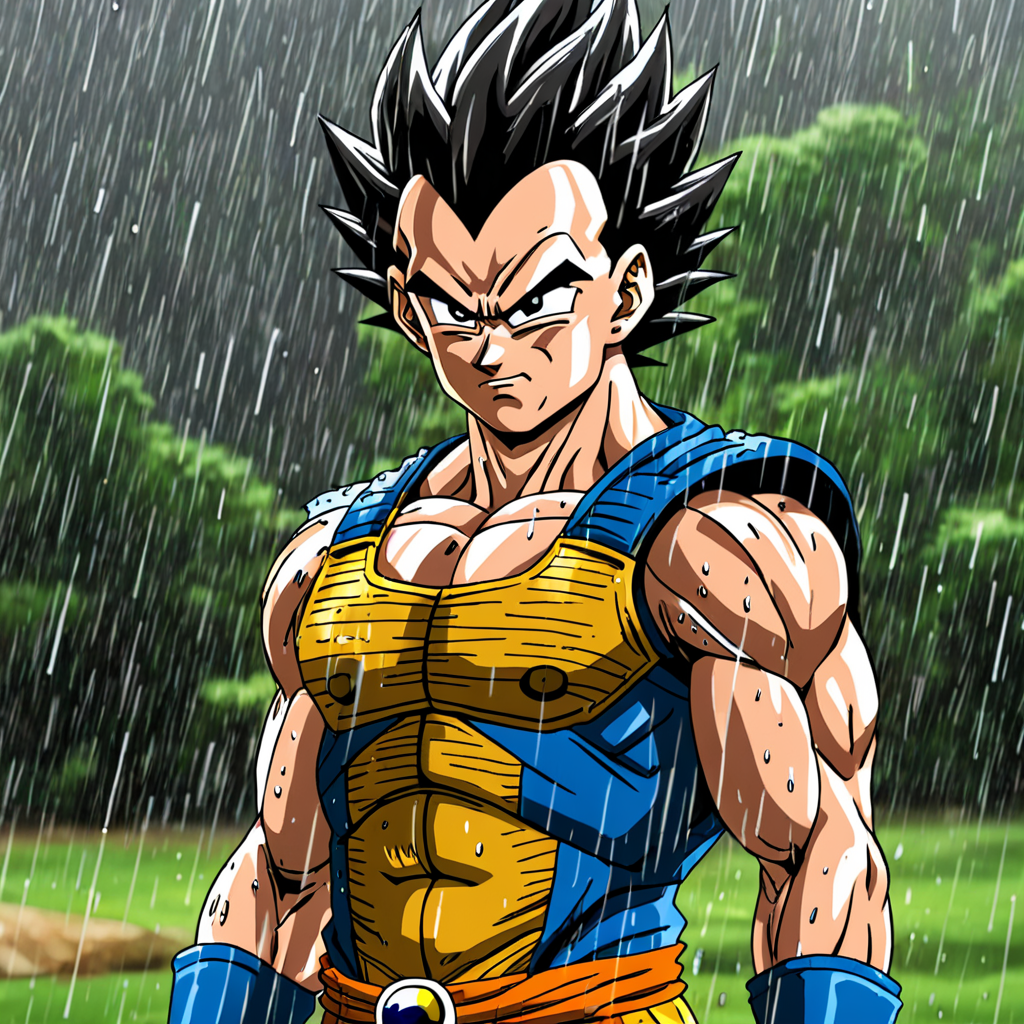 vegeta from dragon ball standing in the rain looking determined