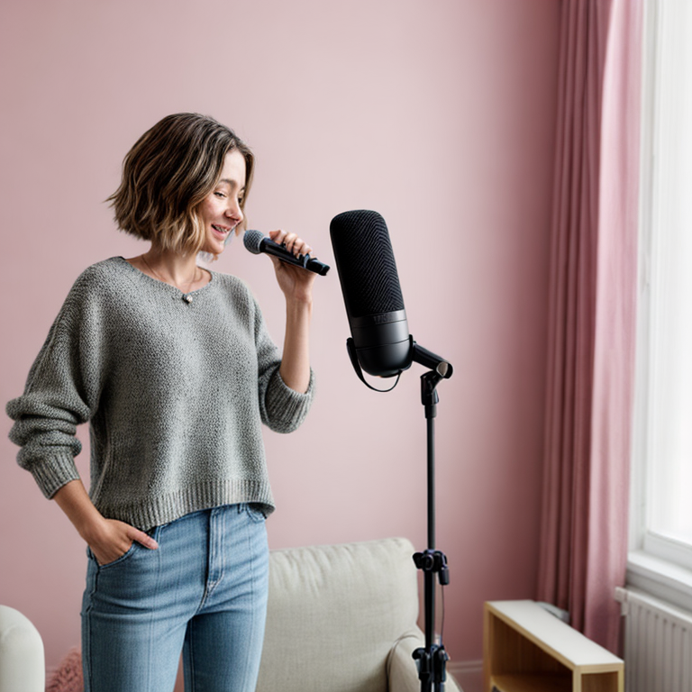 Pink room with a women behind a podcast microphone