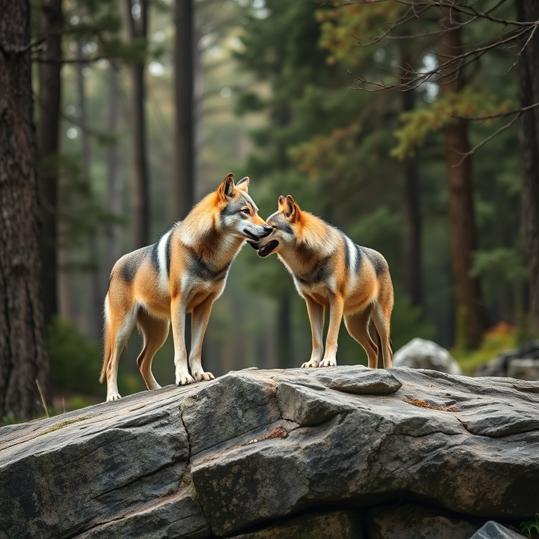 Two Playful Wolves Sharing a Moment on a Rocky Outcrop in Nature