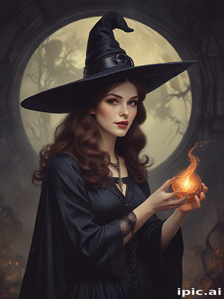 Enchanting Witch Holding a Glowing Orb Under a Full Moon
