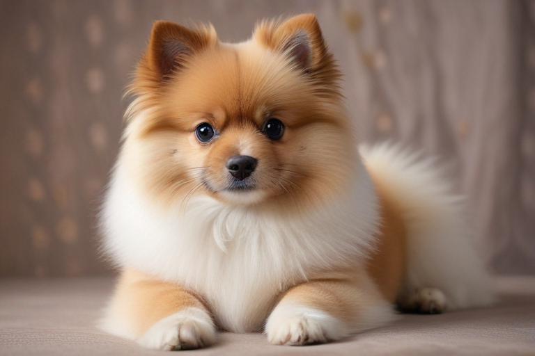A Cute and Fluffy Pomeranian Dog Posing Adorably on a Soft Surface.