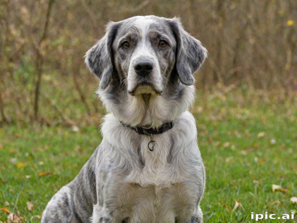 A Beautiful Gray and White Dog Sitting Gracefully in a Green Field.